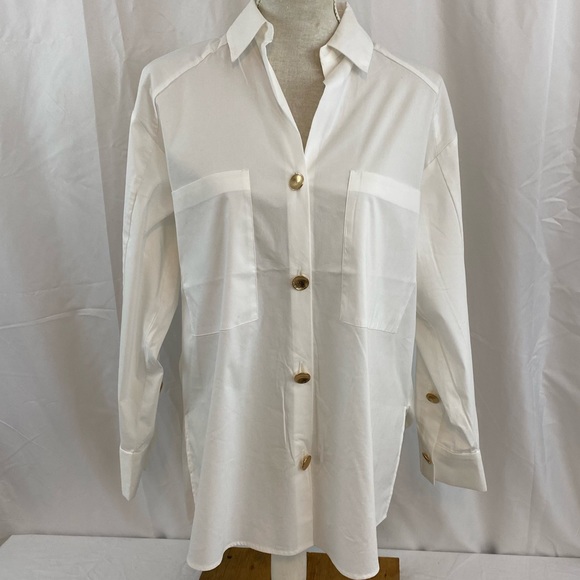 Magaschoni | Tops | Nwt Magaschoni Oversized White Split Side Button Up ...